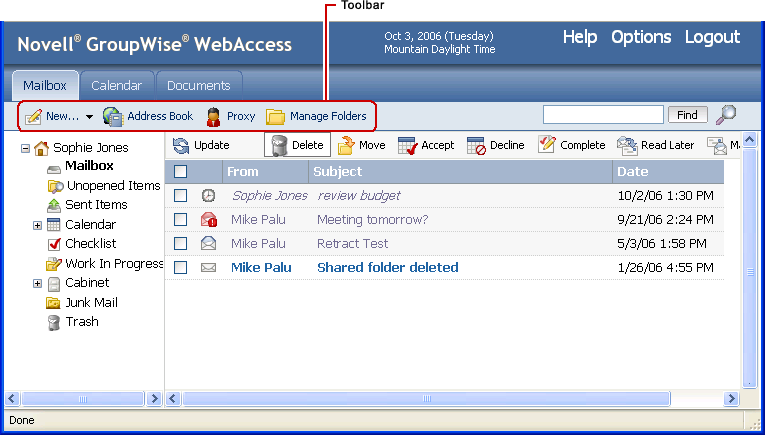 Novell Doc: GroupWise 7 WebAccess Client User Guide - Understanding the GroupWise WebAccess Main ...