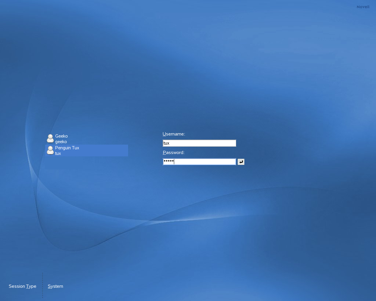 Novell Doc: KDE3 User Guide - Logging In and Selecting a Desktop